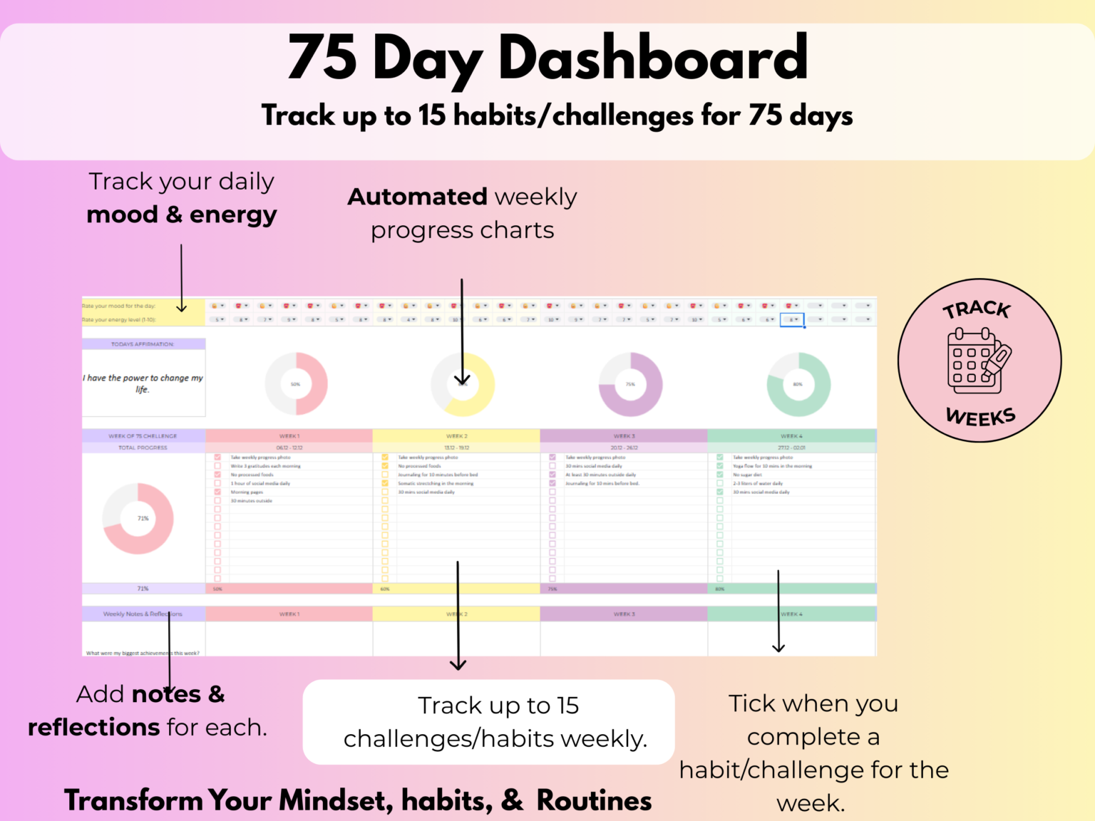 75 Day Challenge Tracker Spreadsheet - Holistic Wellness Quest